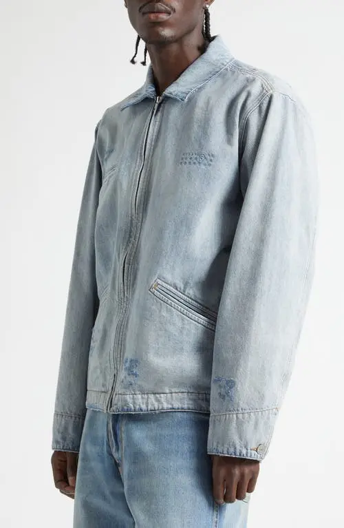 MAISON MARGIELA Distressed Zip-up Denim Trucker Jacket - Light Blue