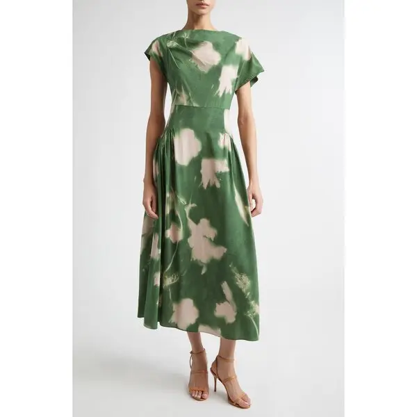 Lela Rose Abstract Floral Draped Crepe A-line Midi Dress