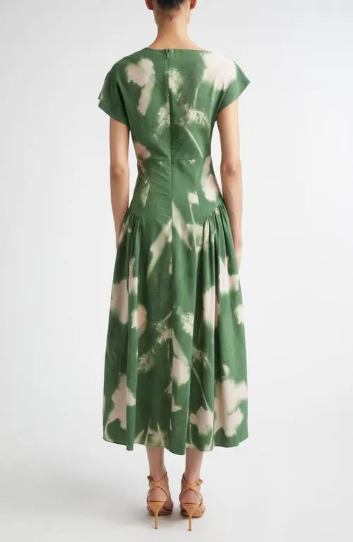 Lela Rose Abstract Floral Draped Crepe A-line Midi Dress