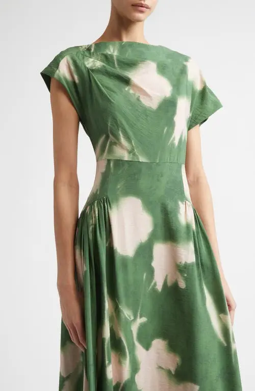 Lela Rose Abstract Floral Draped Crepe A-line Midi Dress
