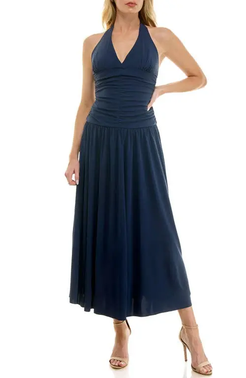 SOCIALITE Ruched Halter Midi Dress - Navy