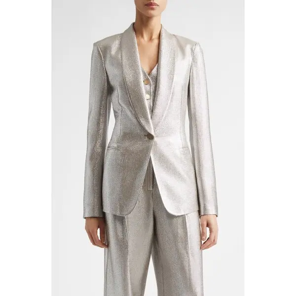 St. John Shawl Collar Lamé Suiting Jacket - Antique Silver