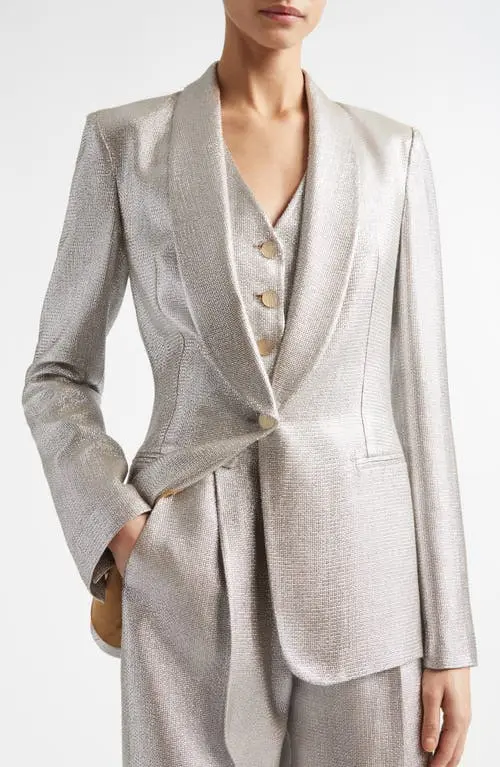 St. John Shawl Collar Lamé Suiting Jacket - Antique Silver