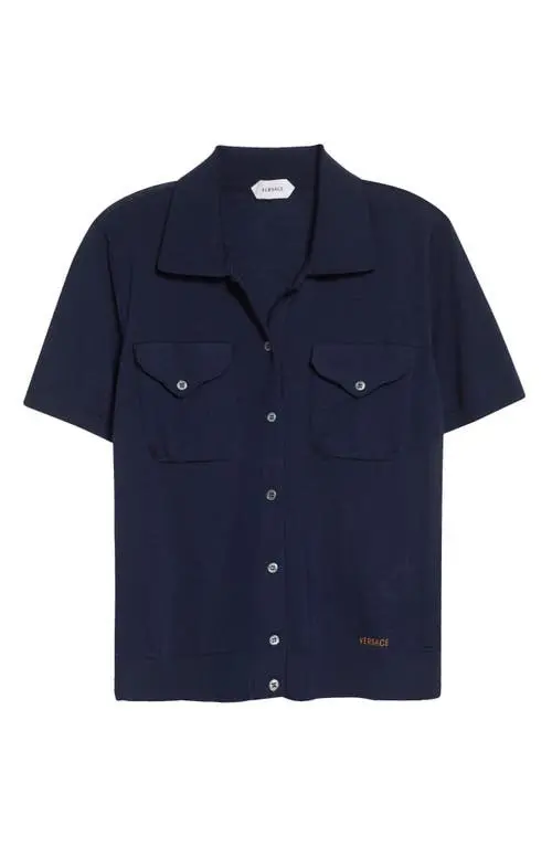Versace Embroidered Virgin Wool Shirt Cardigan - Navy