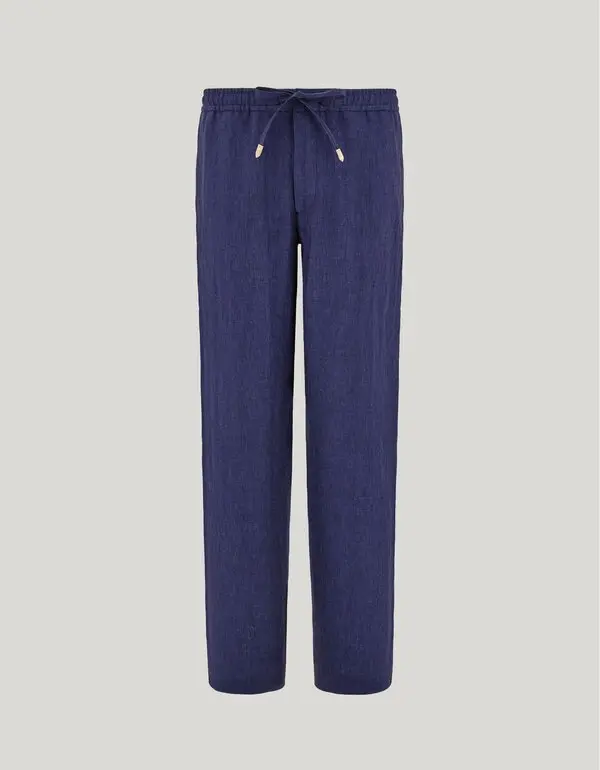 Canali Regular Fit Linen Drawstring Pants - Blue