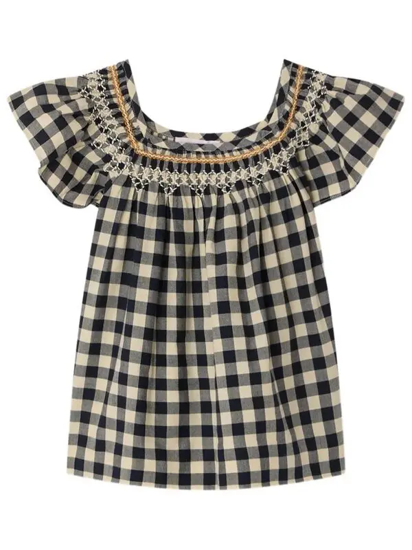 Bonpoint Carlie Checkered-print Embroidered Blouse - Grey