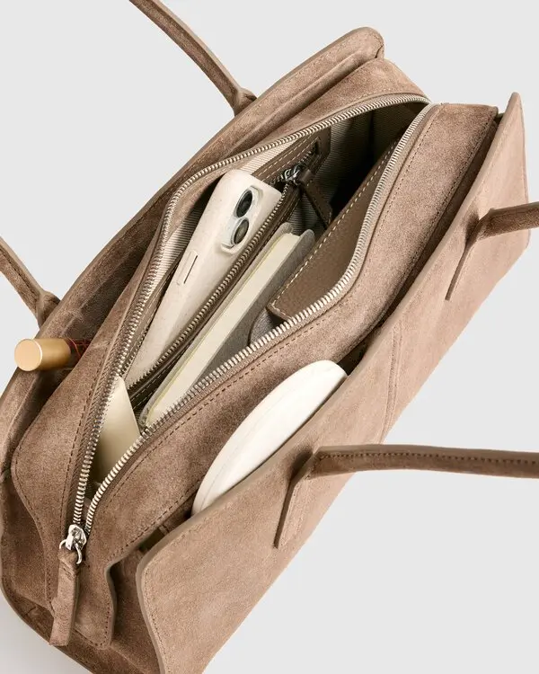 Quince Italian Suede East-west Shoulder Bag - Pebble