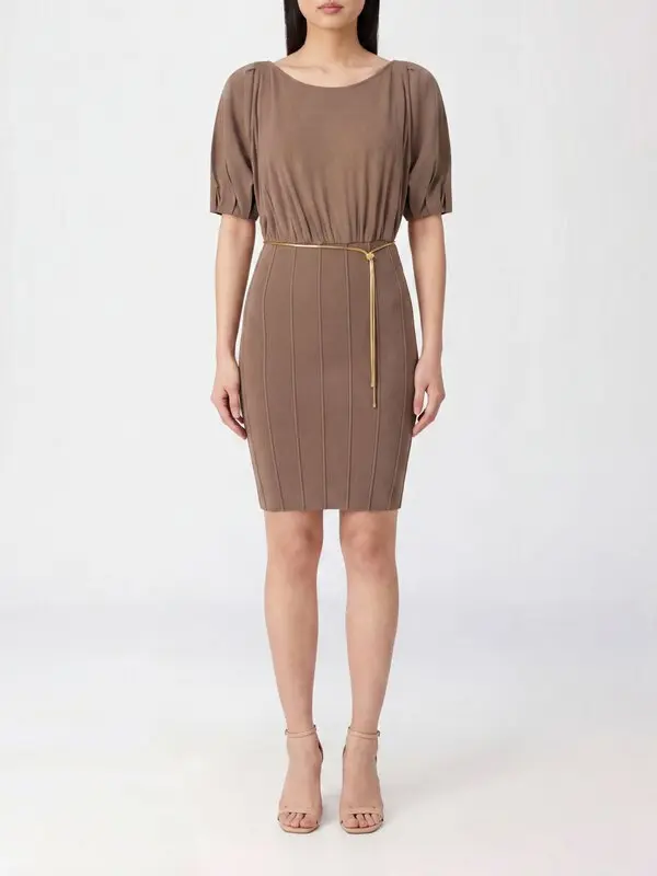 Elisabetta Franchi Midi Dress With Gold Chain Belt - Earth