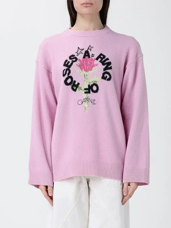 GANNI Recycled Wool Blend Crewneck Sweater With Graphic Print