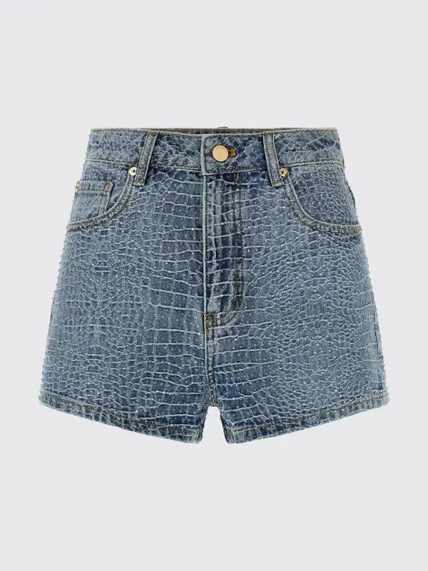 SELF-PORTRAIT Crocodile Print Denim Shorts