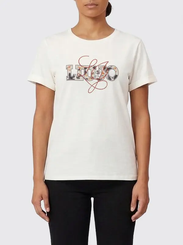 Liu Jo Cotton T-shirt With Rhinestone Logo And Floral Embroidery - Yellow Cream