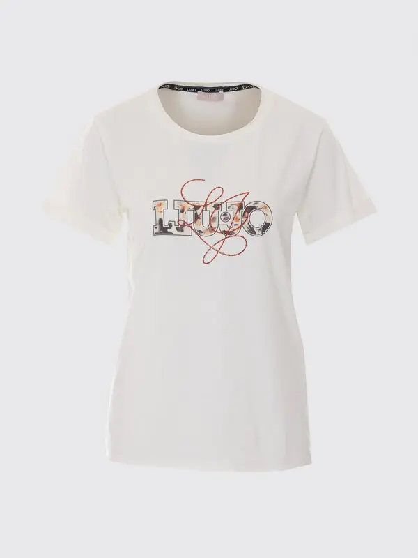 Liu Jo Cotton T-shirt With Rhinestone Logo And Floral Embroidery