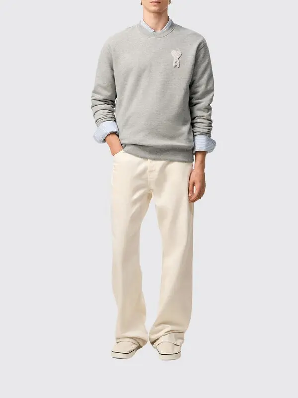 AMI Paris Cotton Crewneck Sweatshirt With Embroidered Logo - Grey