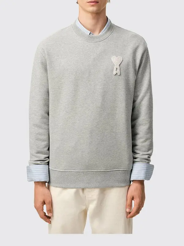 AMI Paris Cotton Crew-neck Sweatshirt With Logo Detail - Grey