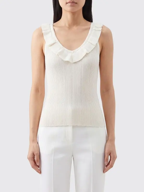 Blumarine Ruffled V-neck Knit Top - White