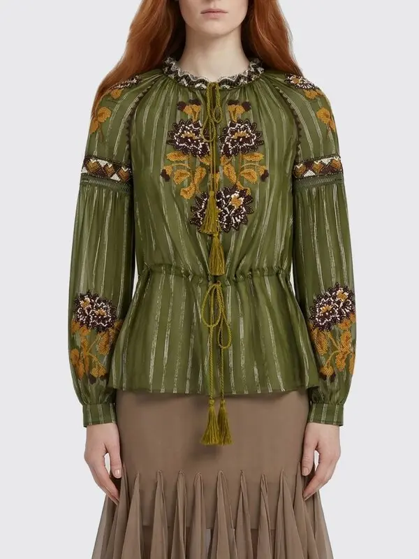 Valentino Garavani Silk Blouse With Lurex Thread Embroidery And Floral Pattern - Green