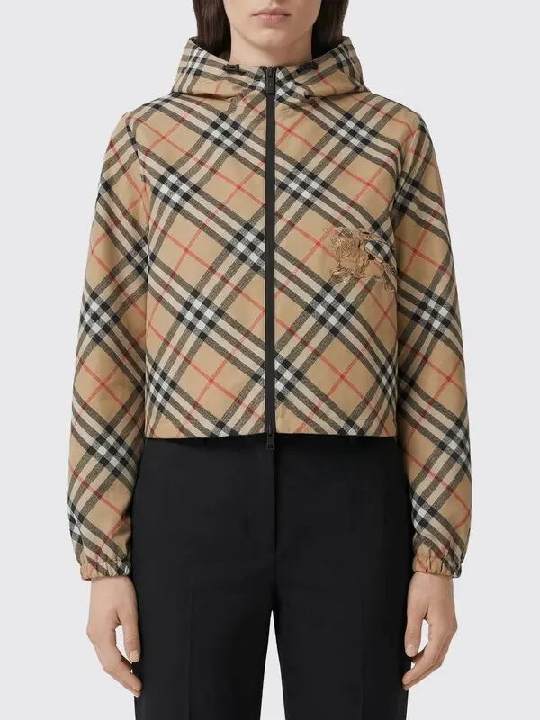Burberry Cropped Check Jacket With Emblem - Sand