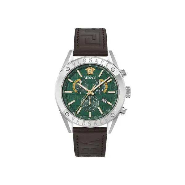 Versace Athletic Chrono Watch With Leather Strap - Silver