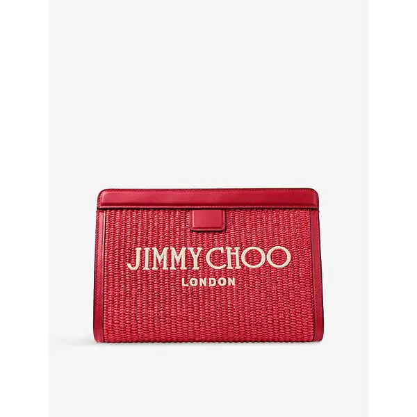 JIMMY CHOO Embroidered-logo Raffia And Leather Pouch - Ruby Red/light Gold