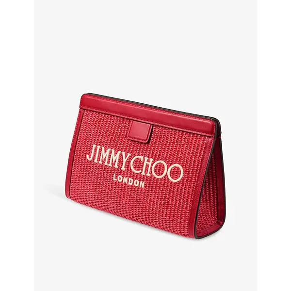 JIMMY CHOO Embroidered-logo Raffia And Leather Pouch - Ruby Red/light Gold
