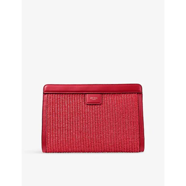 JIMMY CHOO Embroidered-logo Raffia And Leather Pouch - Ruby Red/light Gold