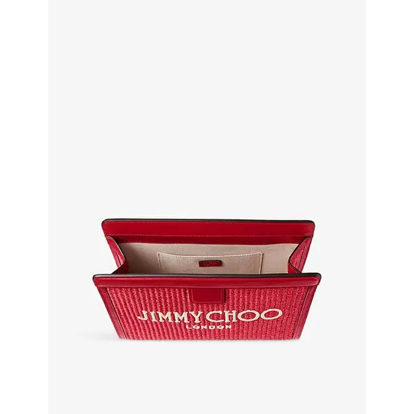 JIMMY CHOO Embroidered-logo Raffia And Leather Pouch - Ruby Red/light Gold