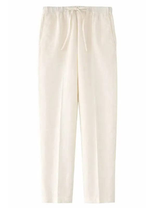 120% Lino Linen Trousers With Drawstring - Powder