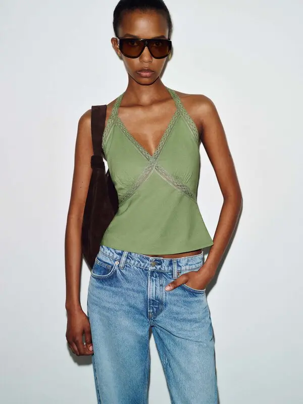 REFORMATION Monica Lace Trim Top - Green