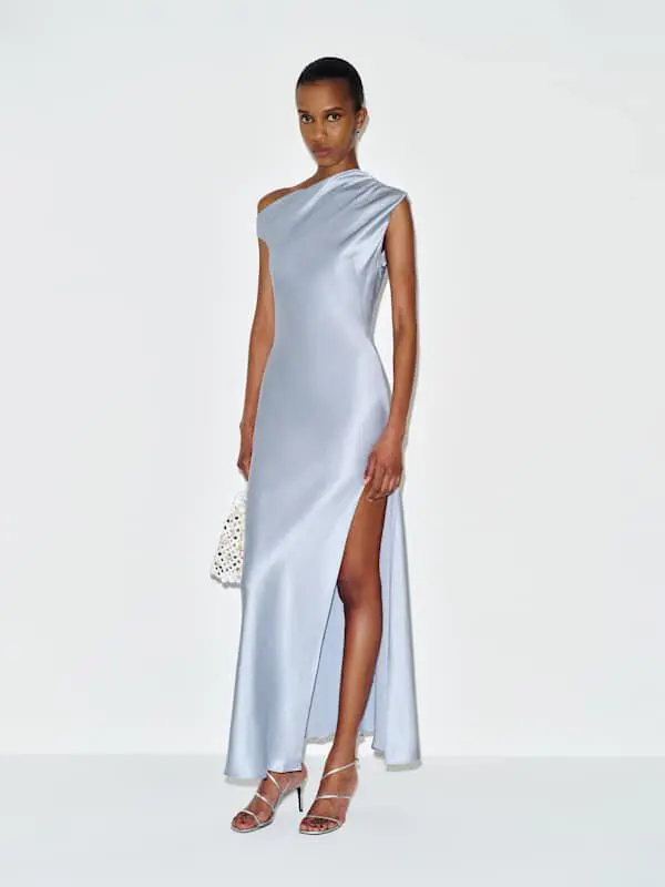 inexpensive beach wedding dresses Dusty Blue Satin Ruffle Maxi Dress – Shop Hearts main image 1