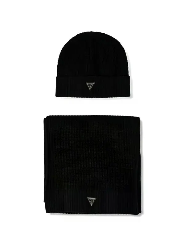 Guess Ribbed Logo Hat And Scarf Set - Black