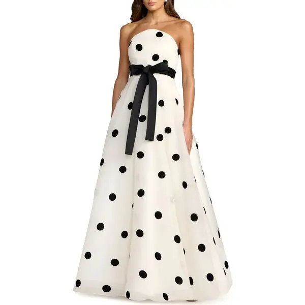Mac Duggal Strapless Polka Dot Organza Ball Gown With Bow - Black Ivory