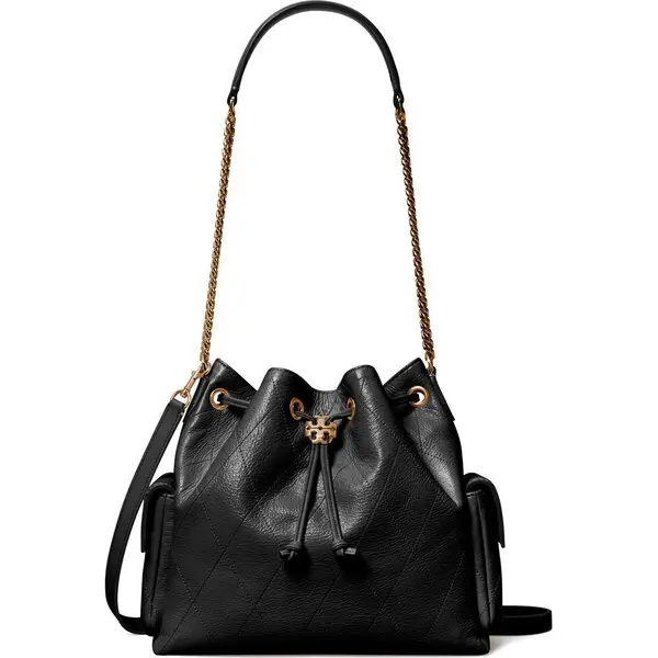 Tory Burch Charlie Quilted Leather Drawstring Shoulder Bag - Black