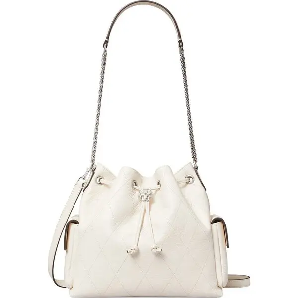 Tory Burch Charlie Quilted Leather Drawstring Shoulder Bag - Light Cream