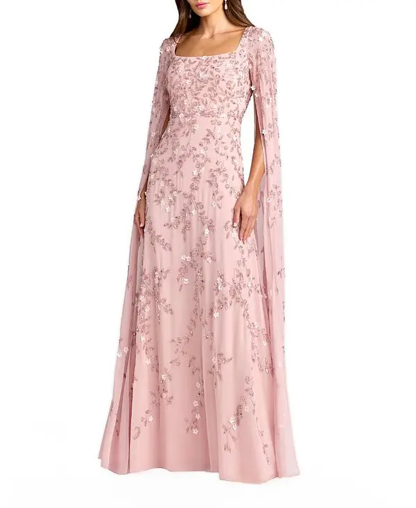 Mac Duggal Beaded Georgette Square Neck Cape Sleeve Gown - Rose