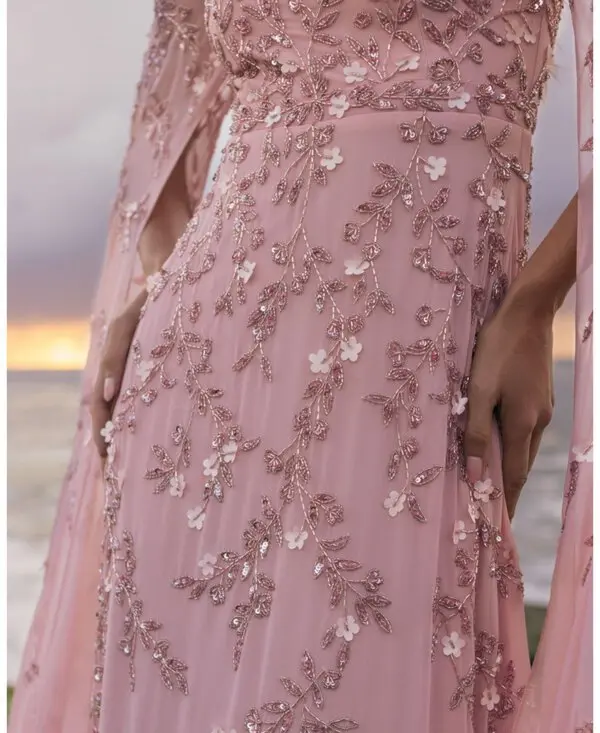 Mac Duggal Beaded Georgette Square Neck Cape Sleeve Gown - Rose