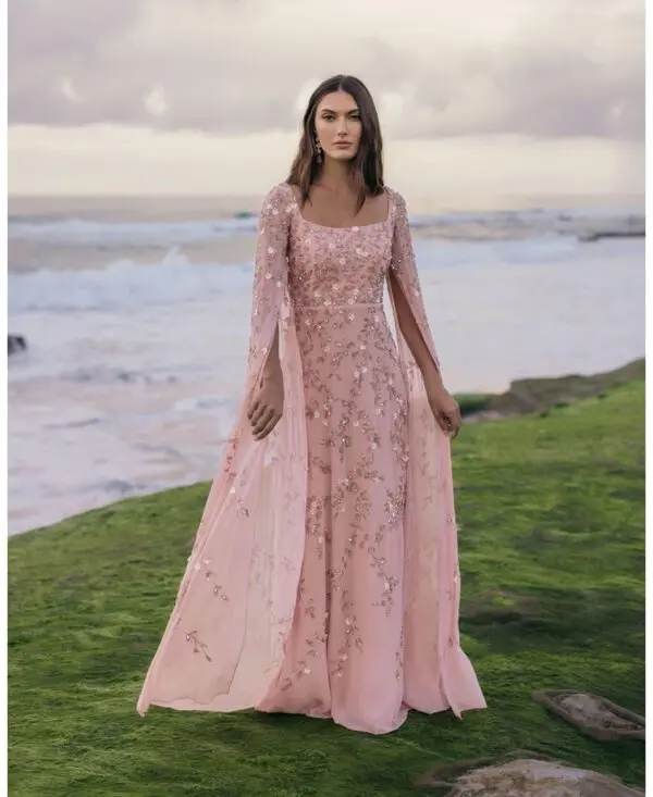 Mac Duggal Beaded Georgette Square Neck Cape Sleeve Gown - Rose