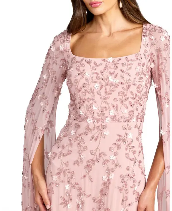 Mac Duggal Beaded Georgette Square Neck Cape Sleeve Gown - Rose