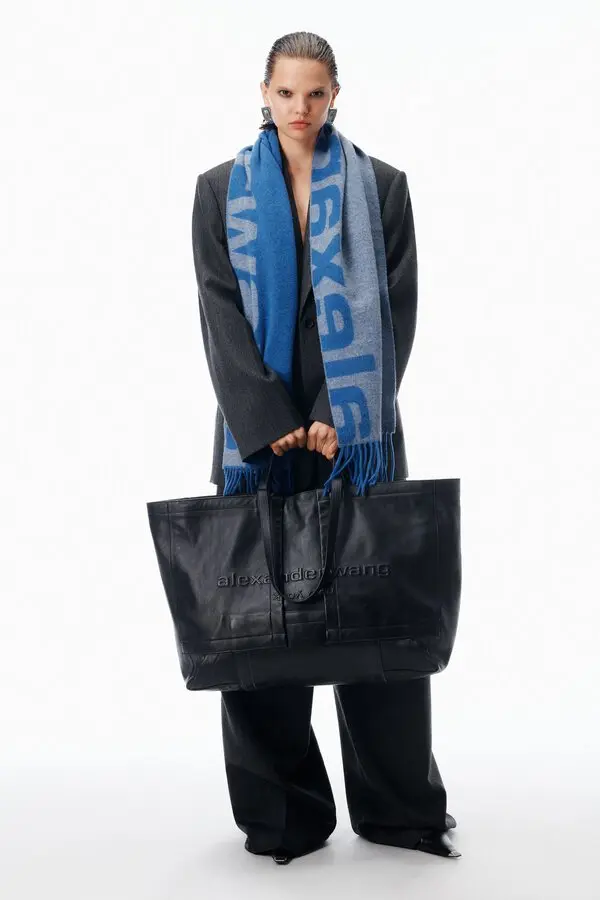 Alexander Wang Logo Jacquard Scarf In Wool Cashmere - Blue/grey