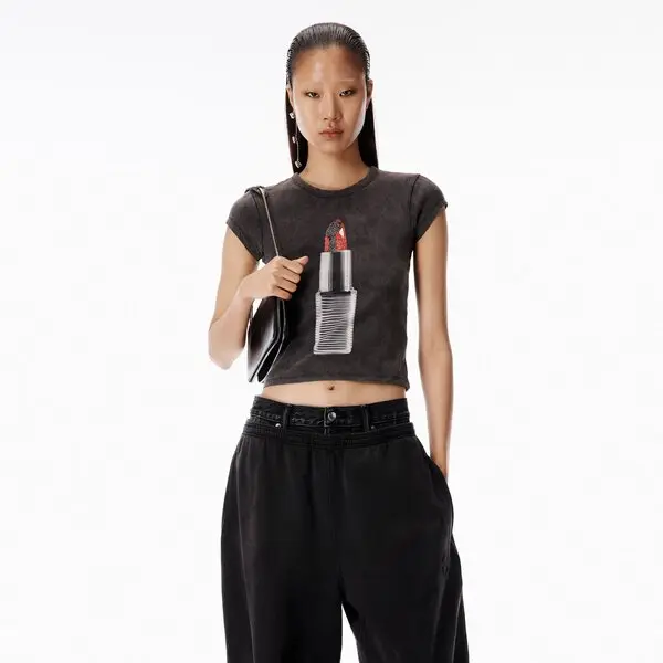 Alexander Wang Lipstick Graphic Baby Tee - Washed Black