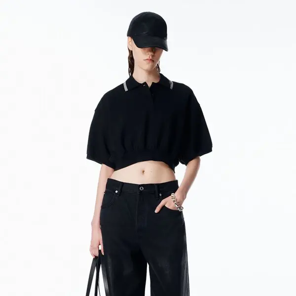 Alexander Wang Cropped Cinched Cotton Polo - Black