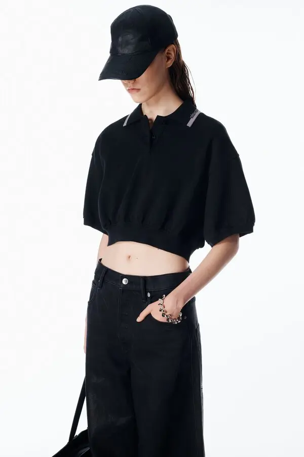 Alexander Wang Cropped Cinched Cotton Polo - Black