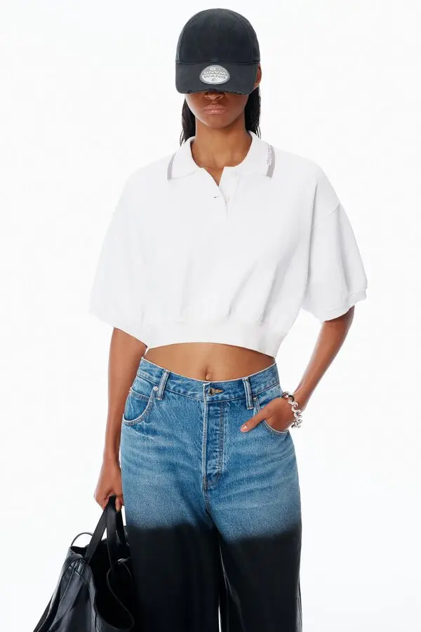 Alexander Wang Cropped Cinched Cotton Polo - White