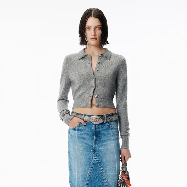 Alexander Wang Wool-blend Hotfix Polo Cardigan - Heather Grey