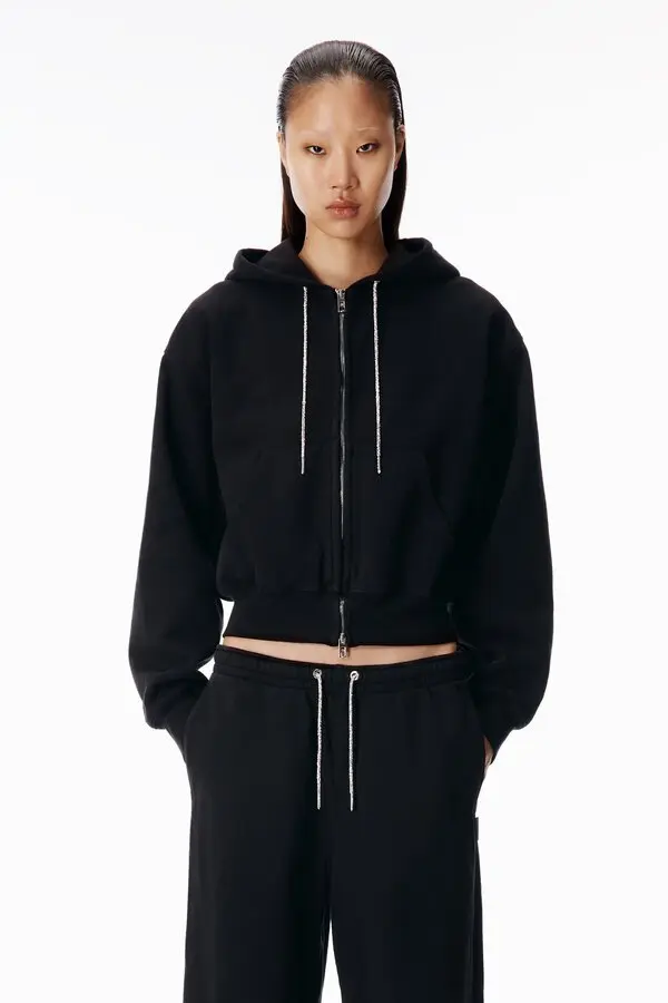 Alexander Wang Crystal Hotfix Drawcord Zip-up Hoodie