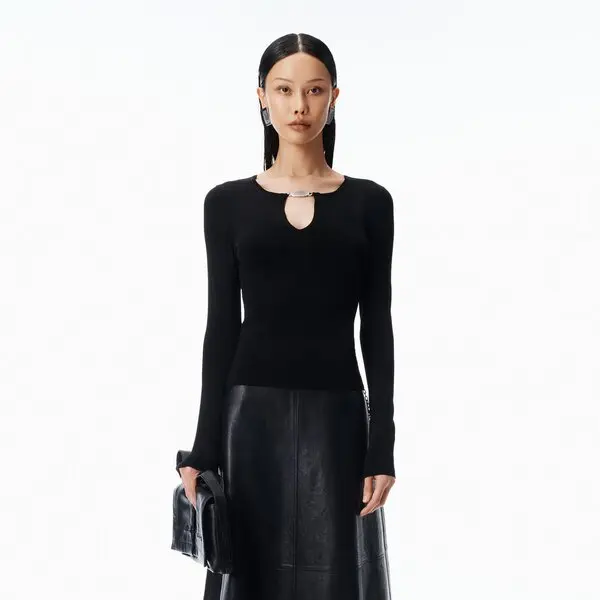 Alexander Wang V-neck Matte Jersey Pullover With Metal Logo - Black