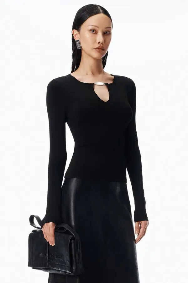 Alexander Wang V-neck Matte Jersey Pullover With Metal Logo - Black
