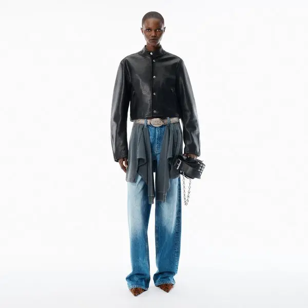 Alexander Wang Glossy Leather Cropped Moto Jacket - Black