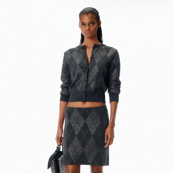 Alexander Wang Crystal Hotfix Wool-blend Argyle Cardigan - Graphite