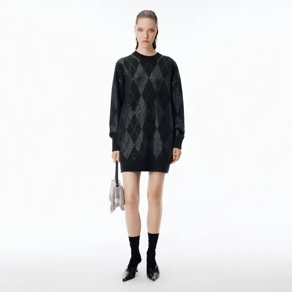 Alexander Wang Crystal Hotfix Argyle Wool-blend Dress - Graphite
