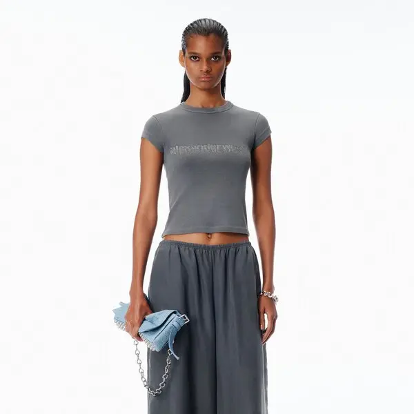 Alexander Wang Crystal Logo Cotton Baby Tee - Grey